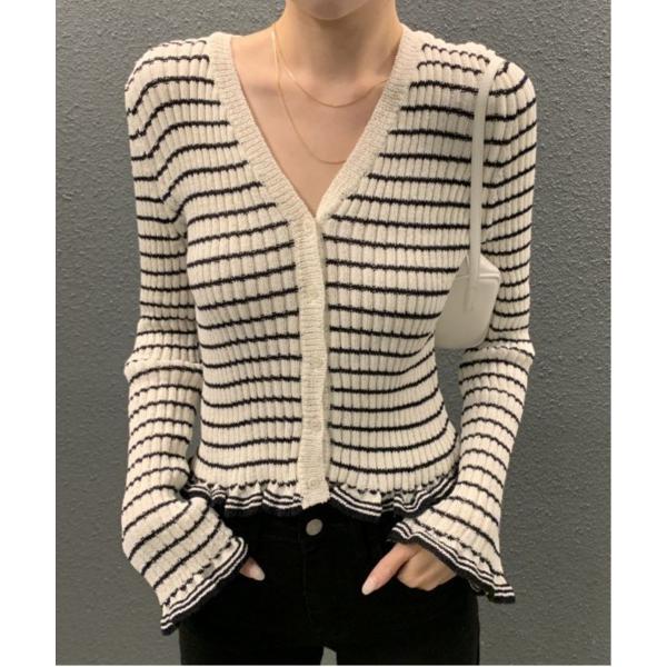 ZOZO問い合わせ番号:106563702ショップ:DOUBLE STEAL，ダブルスティールブランド:＆soiree，アンドソワレ商品名:Vネックフレアスリーブリブボーダーカーディガンカテゴリ:トップス>カーディガン/ボレロブランド...