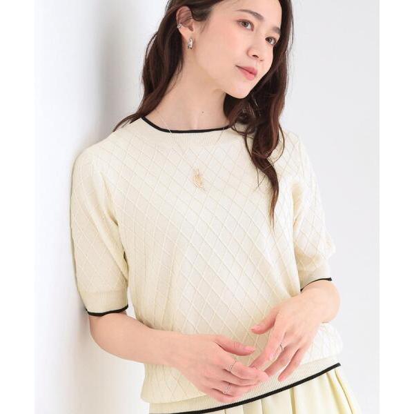 ZOZO問い合わせ番号:106603559ショップ:SHOO・LA・RUE，シューラルーブランド:SHOO・LA・RUE，シューラルー商品名:【洗濯機可/S-LL】大人上品なダイヤ編み柄 配色半袖ニットカテゴリ:トップス>ニット/セー...