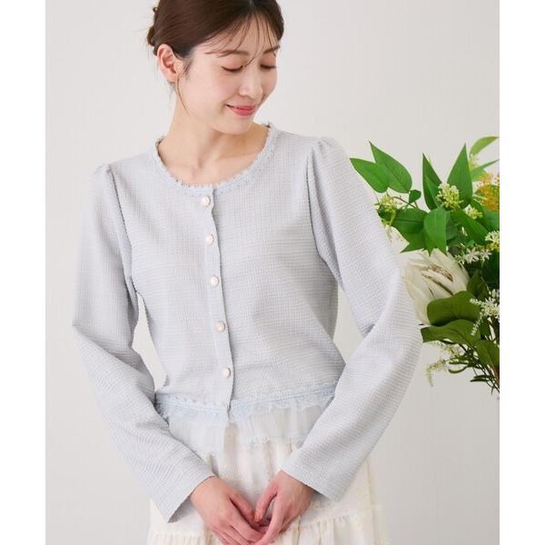 ZOZO問い合わせ番号:106957661ショップ:JAYRO，ジャイロブランド:Jayro，ジャイロ商品名:レースフリルヘムニットジャケットカテゴリ:ジャケット/アウター>ノーカラージャケットブランド品番:2026-A-FLV860...