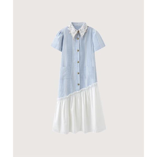 ZOZO問い合わせ番号:107110520ショップ:P L U M STORE，プラム ストアブランド:LA POMME petit，ラポミ・プチ商品名:Lace Collar Asymmetry Docking Shirt Dressカテ...