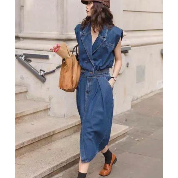 『タイムセール実施中』ZOZO問い合わせ番号:107114547ショップ:Ulysses，ユリシスブランド:semplice，センプリチェ商品名:ノースリーブダブルブレストジャケット × ミディ丈タックスカート デニムセットアップカテゴリ:...