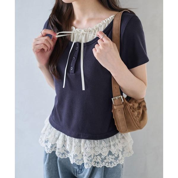 ZOZO問い合わせ番号:107466821ショップ:GeeRA，ジーラブランド:CHAN ME，チャンミ商品名:裾ティアードレースフリル半袖レイヤード風トップスカテゴリ:トップス>Tシャツ/カットソーブランド品番:274420素材:本...
