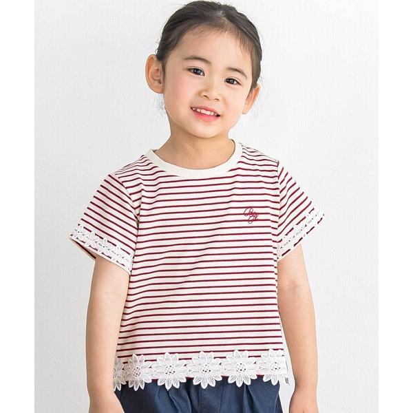 ZOZO問い合わせ番号:107543456ショップ:BEBE ONLINE STORE，ベベ オンラインストアブランド:BeBe Petits Pois Vert，ベベプチポワヴェール商品名:【店舗限定】ボーダー花レースTシャツ(95~16...