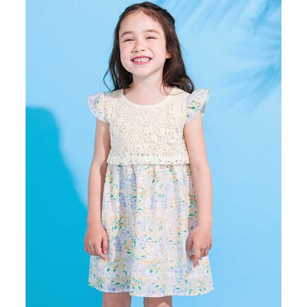 ZOZO問い合わせ番号:107543458ショップ:BEBE ONLINE STORE，ベベ オンラインストアブランド:SLAP SLIP，スラップスリップ商品名:【接触冷感】肩フリルレース花柄＆ストライプワンピース(80~130cm)カテ...