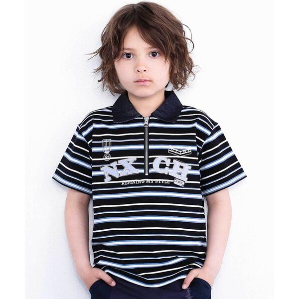 ZOZO問い合わせ番号:107543473ショップ:BEBE ONLINE STORE，ベベ オンラインストアブランド:nexchic，ネクシック商品名:ロゴパッチボーダーハーフジップポロシャツ(110~150cm)カテゴリ:トップス&gt...