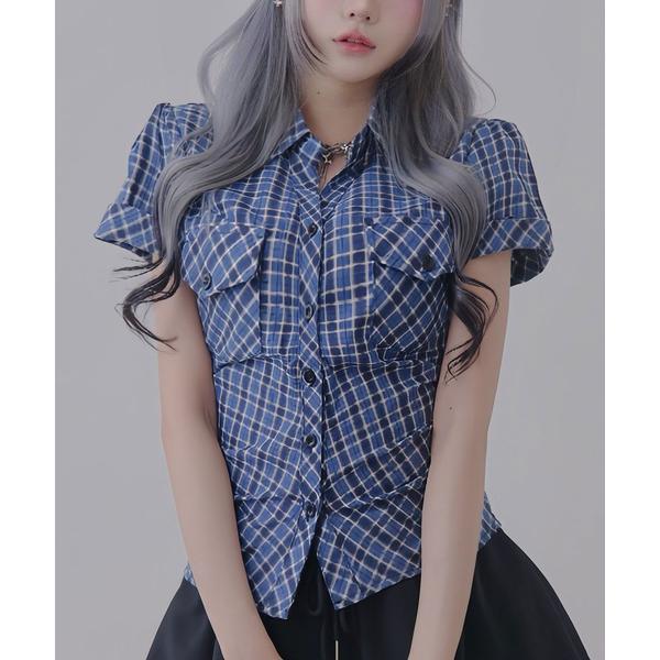 ZOZO問い合わせ番号:107579699ショップ:夢展望（YUMETENBO），ユメテンボウブランド:Diable baiser，ディアブルベーゼ，夢展望，ユメテンボウ商品名:Y2K レトロ チェック柄 パフスリーブ タイトシャツ ブラウ...