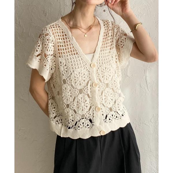 『タイムセール実施中』ZOZO問い合わせ番号:107724856ショップ:wears，ウェアーズブランド:She's Closet，シーズクローゼット商品名:綿100% 半袖 ショート丈 Vネック かぎ針 ニット クロシェ編みカーディガンカ...