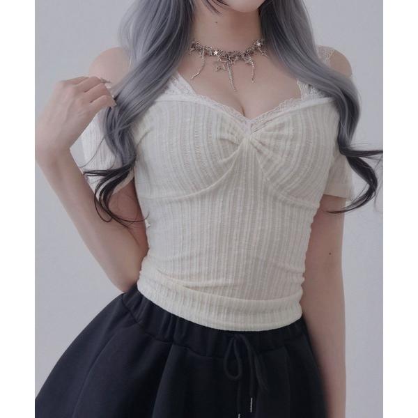 ZOZO問い合わせ番号:107725341ショップ:夢展望（YUMETENBO），ユメテンボウブランド:Diable baiser，ディアブルベーゼ，夢展望，ユメテンボウ商品名:バレエコア レース切替 オフショルダー ニットソー トップス ...