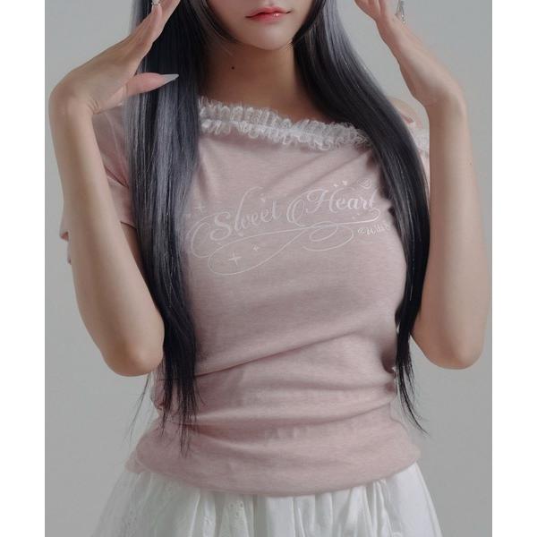 ZOZO問い合わせ番号:107725346ショップ:夢展望（YUMETENBO），ユメテンボウブランド:Diable baiser，ディアブルベーゼ，夢展望，ユメテンボウ商品名:Y2Kバレエコア襟レース オフショルダー ロゴTシャツ / ア...