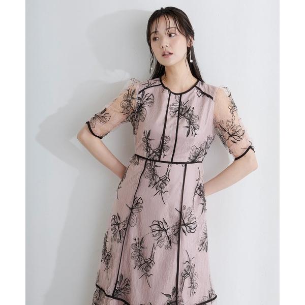 ZOZO問い合わせ番号:107764869ショップ:PourVous，プールヴーブランド:PourVous，プールヴー商品名:ボタニカル パイピングレース刺繍ドレス パーティードレス セレモニー 七分袖＆ミモレ丈 同窓会成人式 フォーマル ...
