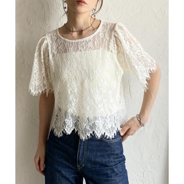 『タイムセール実施中』ZOZO問い合わせ番号:107877119ショップ:wears，ウェアーズブランド:She's Closet，シーズクローゼット商品名:半袖 パフスリーブ ショート丈 シアー/シースルー スカラップレース ブラウス 花...