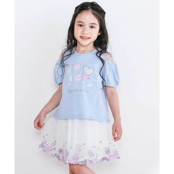 ZOZO問い合わせ番号:107995655ショップ:BEBE ONLINE STORE，ベベ オンラインストアブランド:SLAP SLIP，スラップスリップ商品名:スイーツ刺しゅう肩開き半袖Tシャツ＆スカパンセットアップ(80~130cm)...
