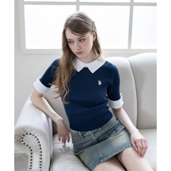 ZOZO問い合わせ番号:108154743ショップ:clear，クリアブランド:U.S. POLO ASSN.，ユーエスポロアッスン，clear，クリア商品名:【U.S. POLO ASSN.】clear 別注 配色襟五分袖ニットトップスカ...
