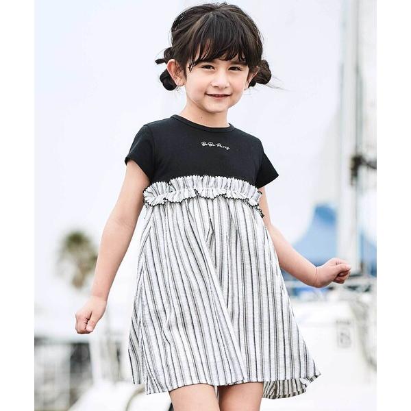 ZOZO問い合わせ番号:108700819ショップ:BEBE ONLINE STORE，ベベ オンラインストアブランド:BeBe，ベベ商品名:【お揃い】ナチュラルストライプ天竺切り替えウエストフリル半袖ワンピースカテゴリ:ワンピース/ドレス...