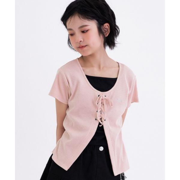 ZOZO問い合わせ番号:108781072ショップ:NARUMIYA ONLINE，ナルミヤ オンラインブランド:PINK-latte，ピンクラテ商品名:テレコレースアップ刺しゅう半袖トップスカテゴリ:トップス>Tシャツ/カットソーブ...