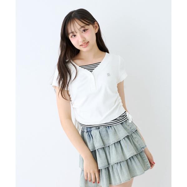 ZOZO問い合わせ番号:109684062ショップ:NARUMIYA ONLINE，ナルミヤ オンラインブランド:LOVETOXIC，ラブトキシック商品名:「LTXC」柄キャミレイヤード半袖テレコカテゴリ:トップス>Tシャツ/カットソ...