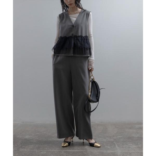 ZOZO問い合わせ番号:109842926ショップ:Eimee Law，エイミーロウブランド:Eimee Law，エイミーロウ商品名:ピンストライプ レースフリルベスト×パンツ　セットアップカテゴリ:ジャケット/アウター>セットアップ...
