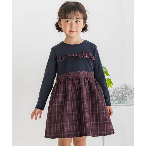ZOZO問い合わせ番号:110758701ショップ:BEBE ONLINE STORE，ベベ オンラインストアブランド:BeBe Petits Pois Vert，ベベプチポワヴェール商品名:「店舗限定」リブ＋チェックドッキング長袖ワンピー...