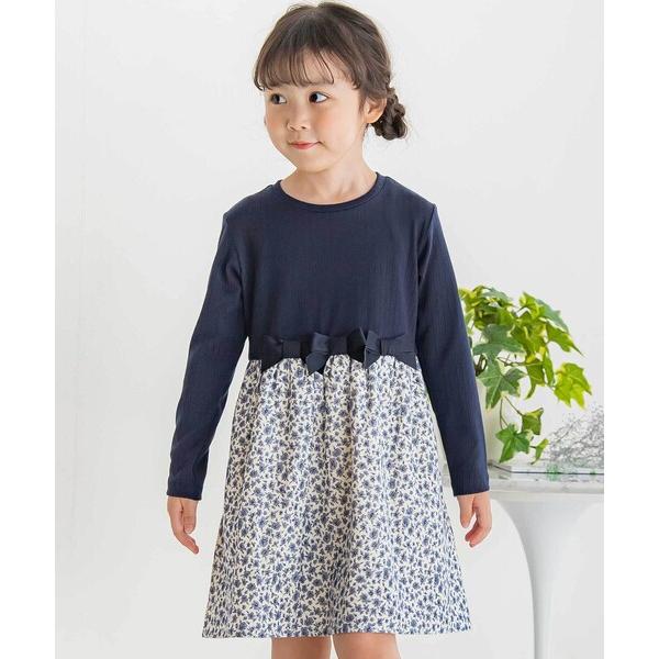 ZOZO問い合わせ番号:110758702ショップ:BEBE ONLINE STORE，ベベ オンラインストアブランド:BeBe Petits Pois Vert，ベベプチポワヴェール商品名:「店舗限定」リブ＋ネル花柄ドッキング長袖ワンピー...