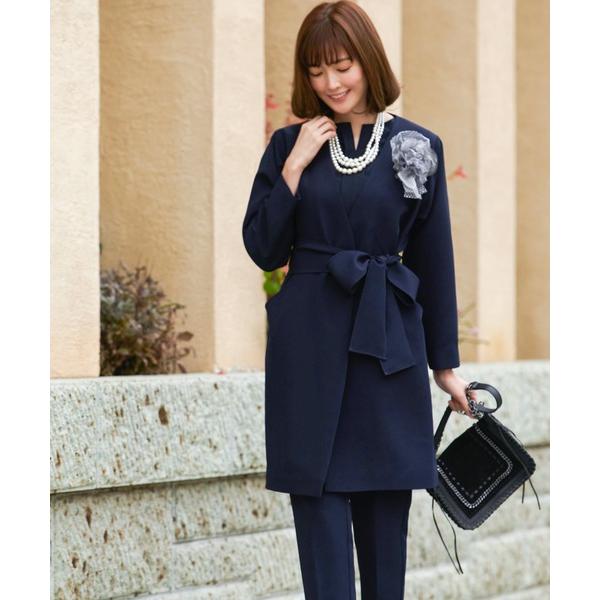 ZOZO問い合わせ番号:52240715ショップ:RUIRUE BOUTIQUE，ルイルエブティックブランド:RUIRUE BOUTIQUE，ルイルエブティック商品名:リボンベルト付きノーカーラーコートジャケット＆トップス＆テーパードパンツ...