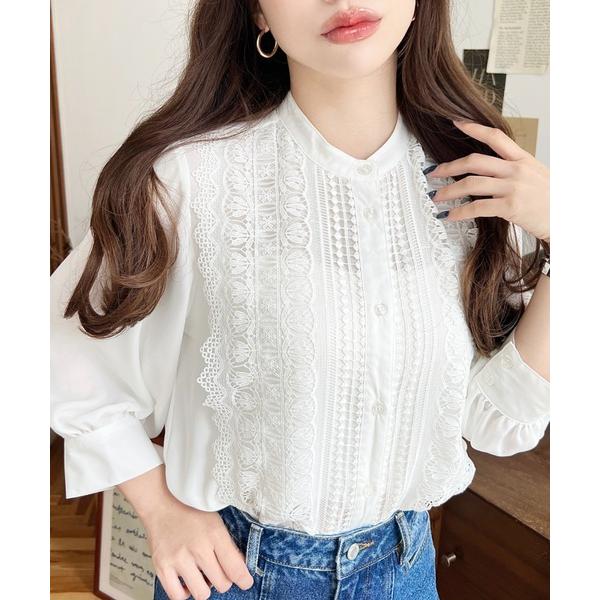 『セール実施中』ZOZO問い合わせ番号:55947305ショップ:moment+，モーメントプラスブランド:moment+，モーメントプラス商品名:【累計販売枚数4万枚突破！】シフォンジョーゼットスタンドカラーフロントレースシャツカテゴリ:...