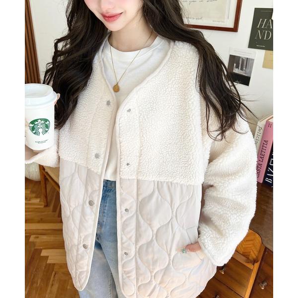 『セール実施中』ZOZO問い合わせ番号:67362668ショップ:moment+，モーメントプラスブランド:moment+，モーメントプラス商品名:ボア切り替えキルティングコートカテゴリ:ジャケット/アウター>ノーカラージャケットブラ...