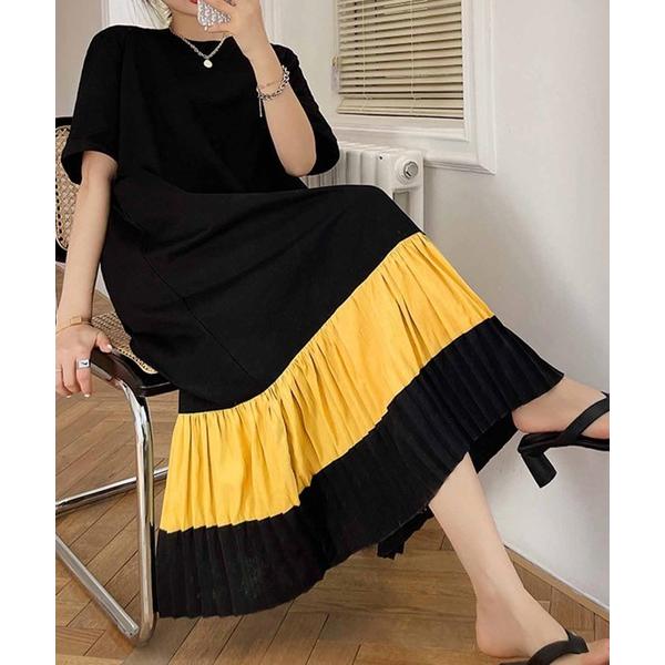ZOZO問い合わせ番号:74816353ショップ:tocco closet／&amp;. NOSTALGIA，トッコ　クローゼット　／　アンドドットノスタルジアブランド:deux amour，ドゥーザムール商品名:裾プリーツ切り替え配色ワン...