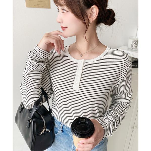 『タイムセール実施中』ZOZO問い合わせ番号:76051206ショップ:moment+，モーメントプラスブランド:moment+，モーメントプラス商品名:【累計販売枚数2万枚突破！】前後2WAY袖くしゅくしゅヘンリーネックボーダーロンTカテ...