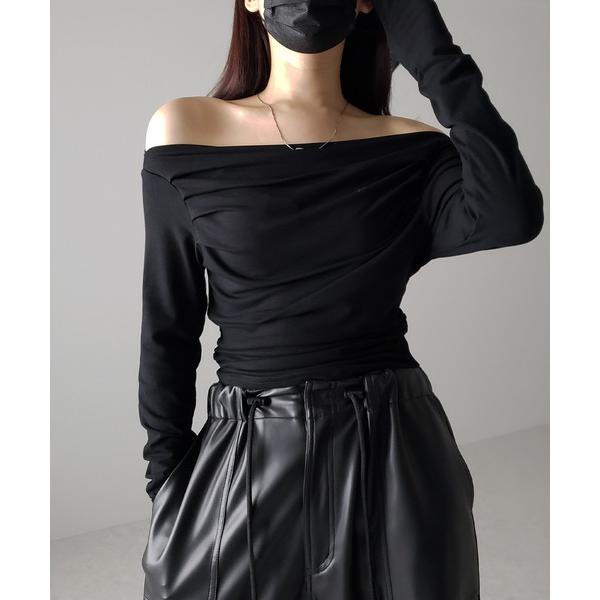 ZOZO問い合わせ番号:77805405ショップ:me+em select，ミームセレクトブランド:me+em select，ミームセレクト商品名:【 ３color 】タックデザインドレープオフショルダートップスカテゴリ:トップス>T...