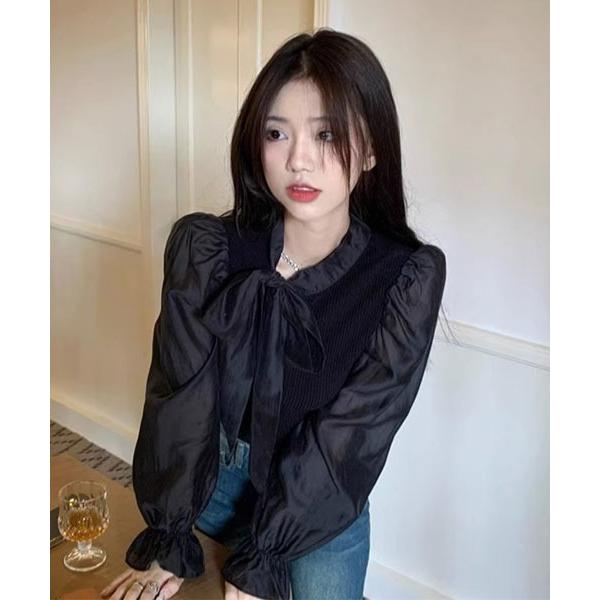 『セール実施中』ZOZO問い合わせ番号:80336172ショップ:VIBGYOR，ヴィブジョーブランド:i-dare，アイディア商品名:【i-dare】リボン モックネック 袖切替え シースルー シフォンブラウス リブトップスカテゴリ:トッ...