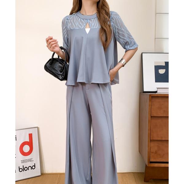 『タイムセール実施中』ZOZO問い合わせ番号:82035253ショップ:emi+，エミプラスブランド:emi+，エミプラス商品名:シアージャガード切替フレアブラウス＋タックワイドパンツセットアップカテゴリ:ジャケット/アウター>セット...