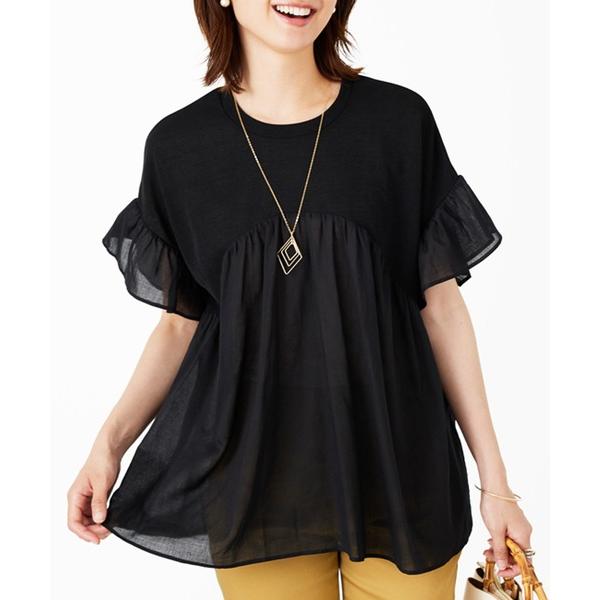 『セール実施中』ZOZO問い合わせ番号:84142378ショップ:BELLUNA PLUS，ベルーナ プラスブランド:BELLUNA PLUS，ベルーナ商品名:異素材使いギャザーチュニックカテゴリ:トップス>Tシャツ/カットソーブラン...