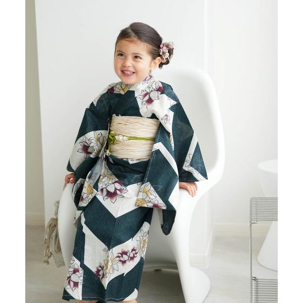 ZOZO問い合わせ番号:84472307ショップ:utatane，ウタタネブランド:utatane，ウタタネ商品名:キッズ浴衣3点セット ニコアンティーク 青緑のモダン矢絣と花カテゴリ:水着/着物・浴衣>浴衣ブランド品番:651023...