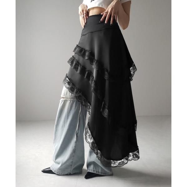 ZOZO問い合わせ番号:85331108ショップ:me+em select，ミームセレクトブランド:me+em select，ミームセレクト商品名:【 ２color 】アシンメトリーレースフリルスカート ／ asymmetrical lac...