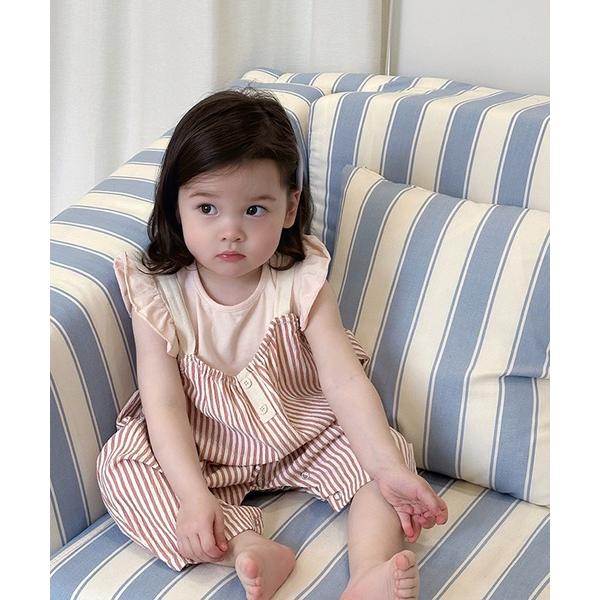 『セール実施中』※このアイテムは返品・交換対象外商品です。ZOZO問い合わせ番号:85393559ショップ:Leja，レジャブランド:Leja，レジャ商品名:【LEJA BABY】ストライプ柄フロントボタンオールインワンサロペットベビーキッ...