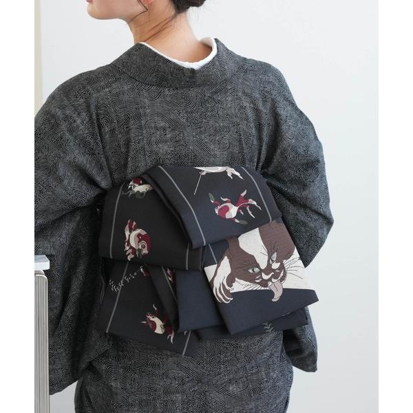 ZOZO問い合わせ番号:85500332ショップ:utatane，ウタタネブランド:utatane，ウタタネ商品名:着物・帯セット ニコアンティーク 黒の青海波に金魚と猫 日本製カテゴリ:水着/着物・浴衣>着物ブランド品番:51396...