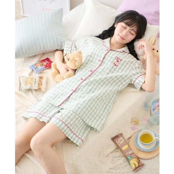 ZOZO問い合わせ番号:85940378ショップ:tutuanna，チュチュアンナブランド:tutuanna，チュチュアンナ商品名:[とにかくさらっと涼しい]綿100％ギンガムカップケーキ刺繍半袖パジャマカテゴリ:ルームウェア>ルーム...