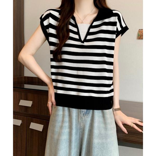 『タイムセール実施中』ZOZO問い合わせ番号:86451265ショップ:Ada.，エイダブランド:Miniministore，ミニミニストア商品名:ボーダー柄サマーニット フレンチスリーブカテゴリ:トップス>ニット/セーターブランド品...