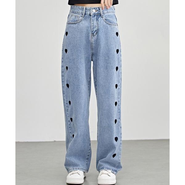 『タイムセール実施中』ZOZO問い合わせ番号:86623884ショップ:Lace Ladies，レースレディースブランド:Lace Ladies，レースレディース商品名:ハート 刺繍 ハイウエスト ストレート デニム パンツカテゴリ:パンツ...