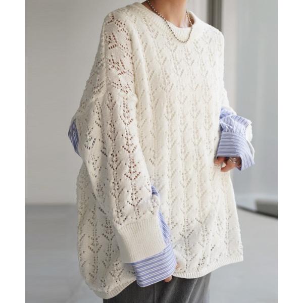 ZOZO問い合わせ番号:86658886ショップ:HUG.U，ハグユーブランド:HUG.U，ハグユー商品名:透かし編みニット×ストライプシャツカテゴリ:トップス>ニット/セーターブランド品番:d371素材:本体: ポリエステル95%，...