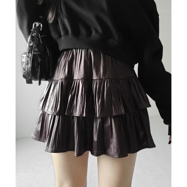 『セール実施中』ZOZO問い合わせ番号:87852274ショップ:me+em select，ミームセレクトブランド:me+em select，ミームセレクト商品名:※※【 インパン裏地付 】ダブルフリルフェイクレザーミニスカート ／ dou...