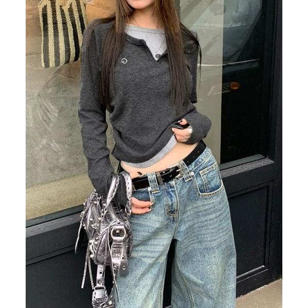 『タイムセール実施中』ZOZO問い合わせ番号:87926040ショップ:VIBGYOR，ヴィブジョーブランド:MEMECLE，メメクル商品名:【 MEMECLE / メメクル 】バイカラー レイヤード キーネック ロンTカテゴリ:トップス&...