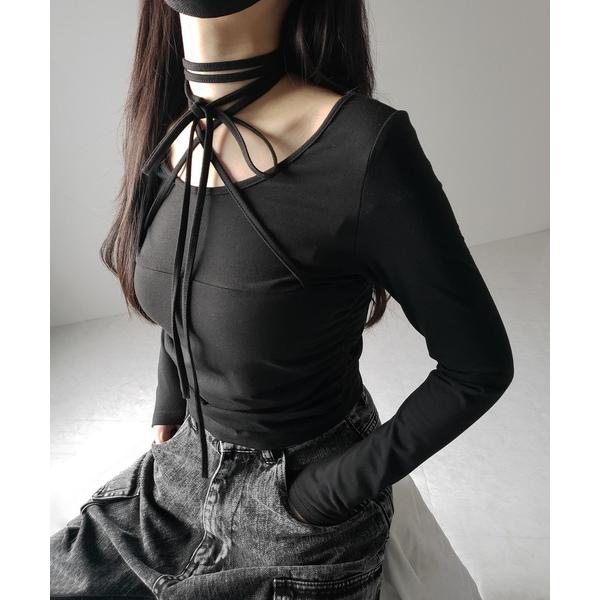 『タイムセール実施中』ZOZO問い合わせ番号:88055560ショップ:me+em select，ミームセレクトブランド:me+em select，ミームセレクト商品名:【 ３color 】クロスストラップロングチョーカーリボントップス ／...