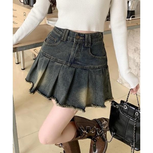 『セール実施中』ZOZO問い合わせ番号:88295545ショップ:Teem Store，チームストアブランド:lilful，リルフル商品名:【インパン付き】ウォッシュ加工 デニム 裾フリンジ プリーツミニスカートカテゴリ:スカート>デ...