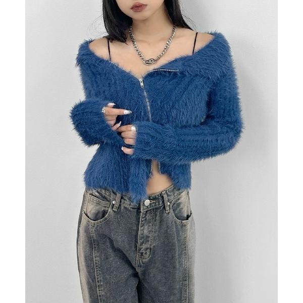 『タイムセール実施中』ZOZO問い合わせ番号:88500665ショップ:LVEU.，ラブユ.ブランド:LVEU.，ラブユ.商品名:【LVEU.】アシメジップオフショルシャギーニット / トップス オフショルダー アシンメトリー ダブルジップ...