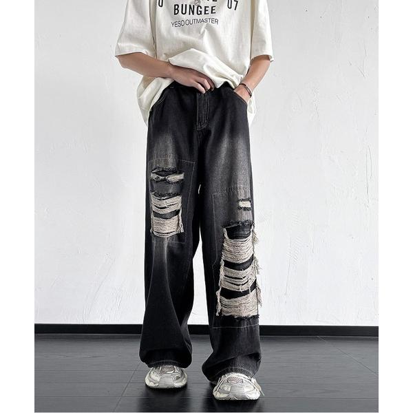 ZOZO問い合わせ番号:89960415ショップ:BUFFALO BOBS，バッファローボブズブランド:JOHNNY WOLF，ジョニーウルフ商品名:SEKHMET グランジ ダメージ ワイドデニムパンツカテゴリ:パンツ>デニムパンツ...