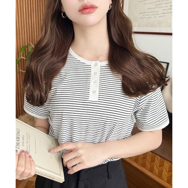 『セール実施中』ZOZO問い合わせ番号:90104876ショップ:moment+，モーメントプラスブランド:moment+，モーメントプラス商品名:前後2WAYヘンリーネックボーダー半袖Tシャツカテゴリ:トップス>Tシャツ/カットソー...