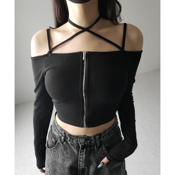 『セール実施中』ZOZO問い合わせ番号:90143166ショップ:me+em select，ミームセレクトブランド:me+em select，ミームセレクト商品名:【 ３color ／ カップ付 】フロントジップクロスストラップオフショルト...