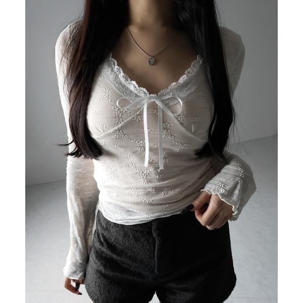 ZOZO問い合わせ番号:90323708ショップ:me+em select，ミームセレクトブランド:me+em select，ミームセレクト商品名:【 ２color 】フロントリボンレイヤードレーストップス ／ front ribbon l...