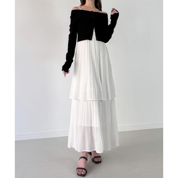 『タイムセール実施中』ZOZO問い合わせ番号:90389566ショップ:JUNOAH，ジュノアブランド:JUNOAH，ジュノア商品名:セミオフショルニットカーデ＋プリーツドッキングキャミワンピースset[高身長サイズMT/低身長サイズS有り...